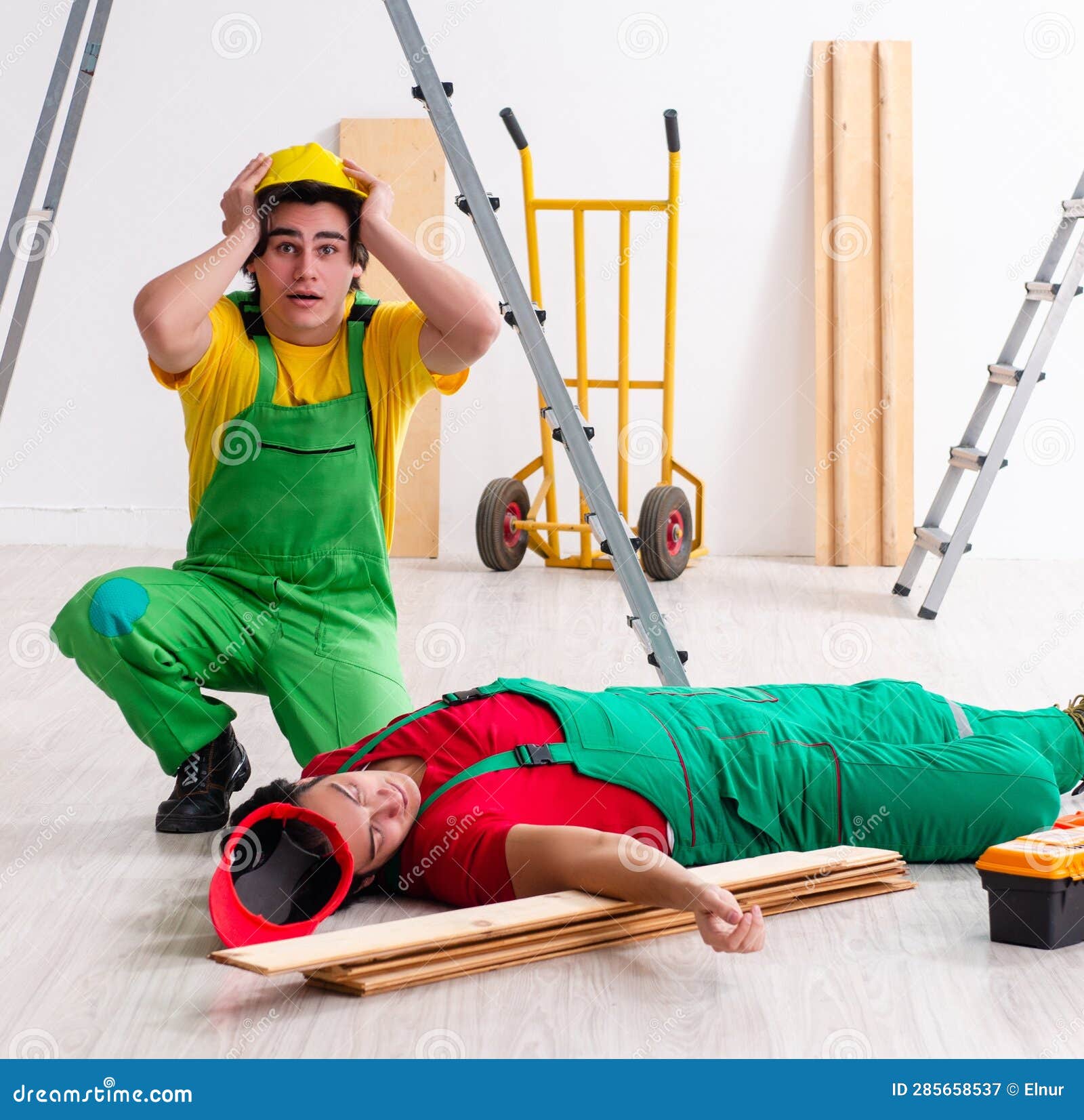 Injured Worker and His Workmate Stock Image - Image of helmet ...