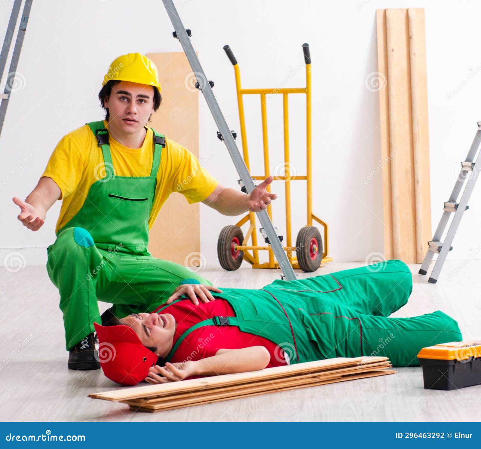 Injured Worker and His Workmate Stock Photo - Image of emergency, house ...