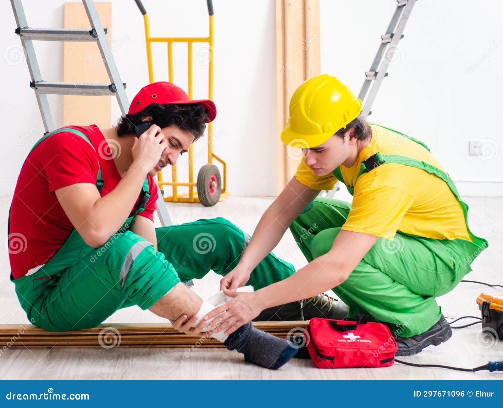 Injured Worker and His Workmate Stock Photo - Image of phone, injury ...
