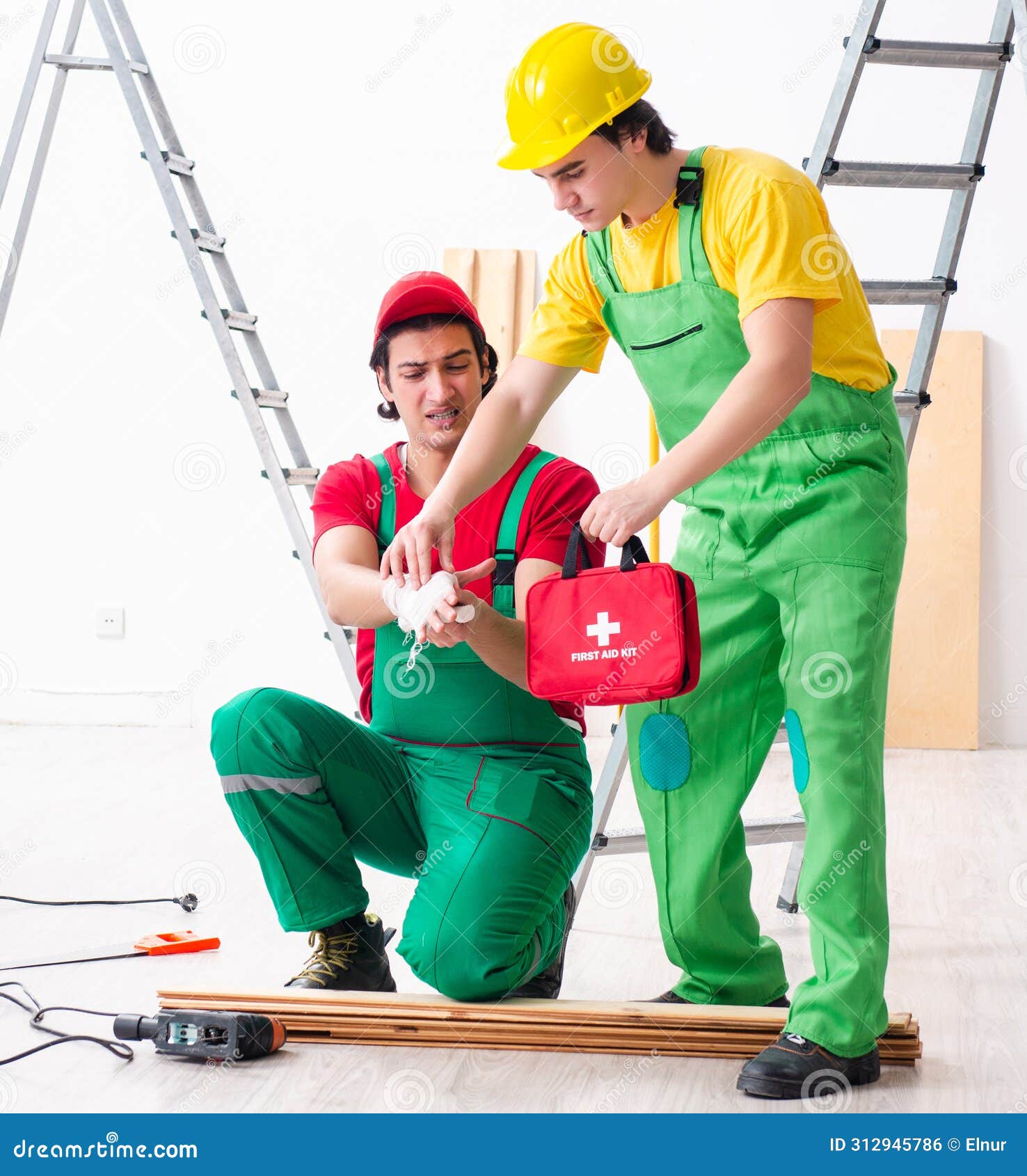 Injured Worker and His Workmate Stock Photo - Image of bandage ...