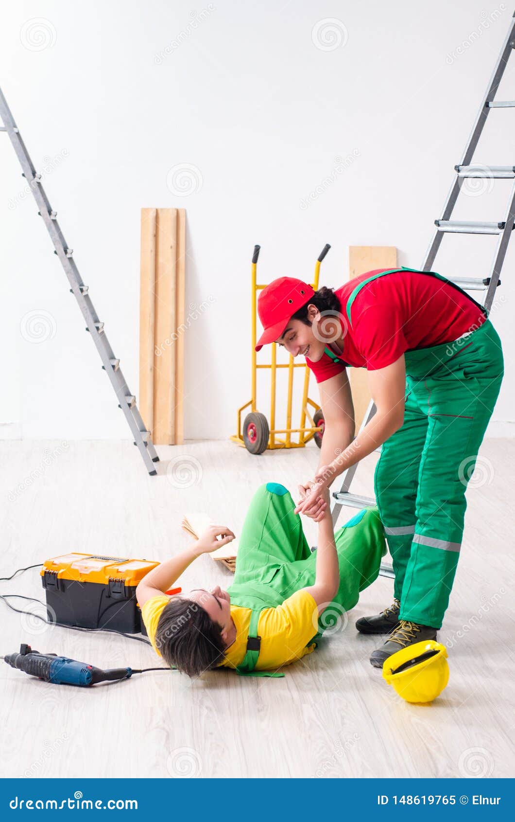 Injured Worker and His Workmate Stock Image - Image of house, accident ...