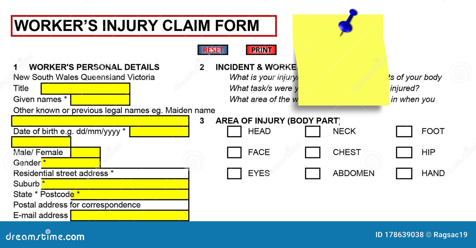 Injury claim form abstract stock photo. Image of medical - 178639038