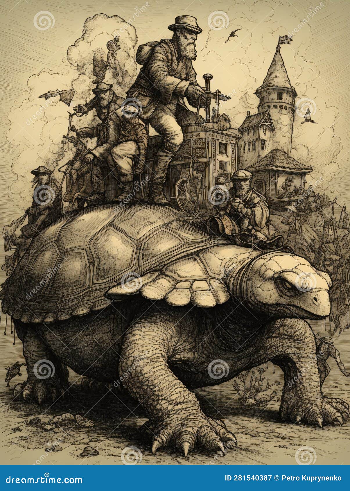 Ink Drawing of a Man Riding a Turtle. AI Generated Stock Illustration ...