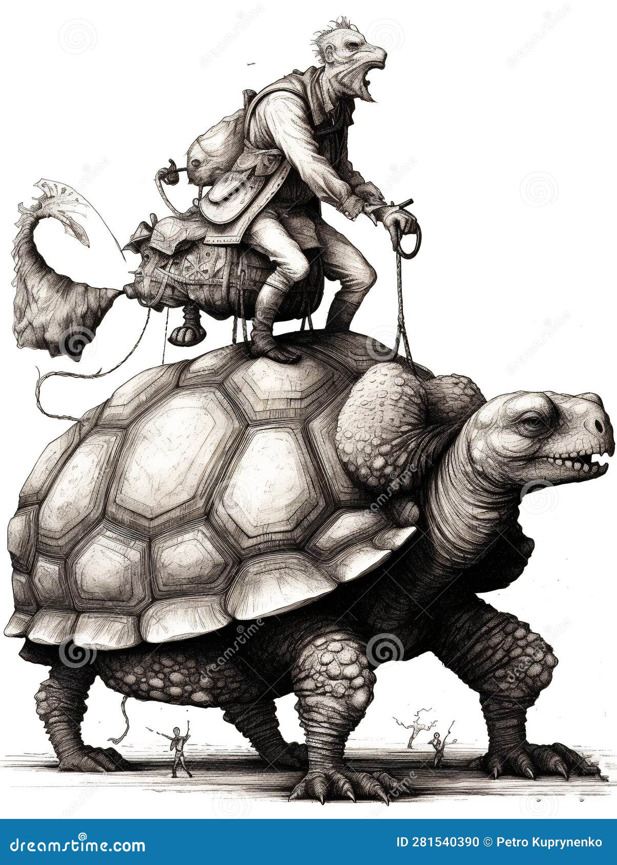 Ink Drawing of a Man Riding a Turtle. AI Generated Stock Illustration ...