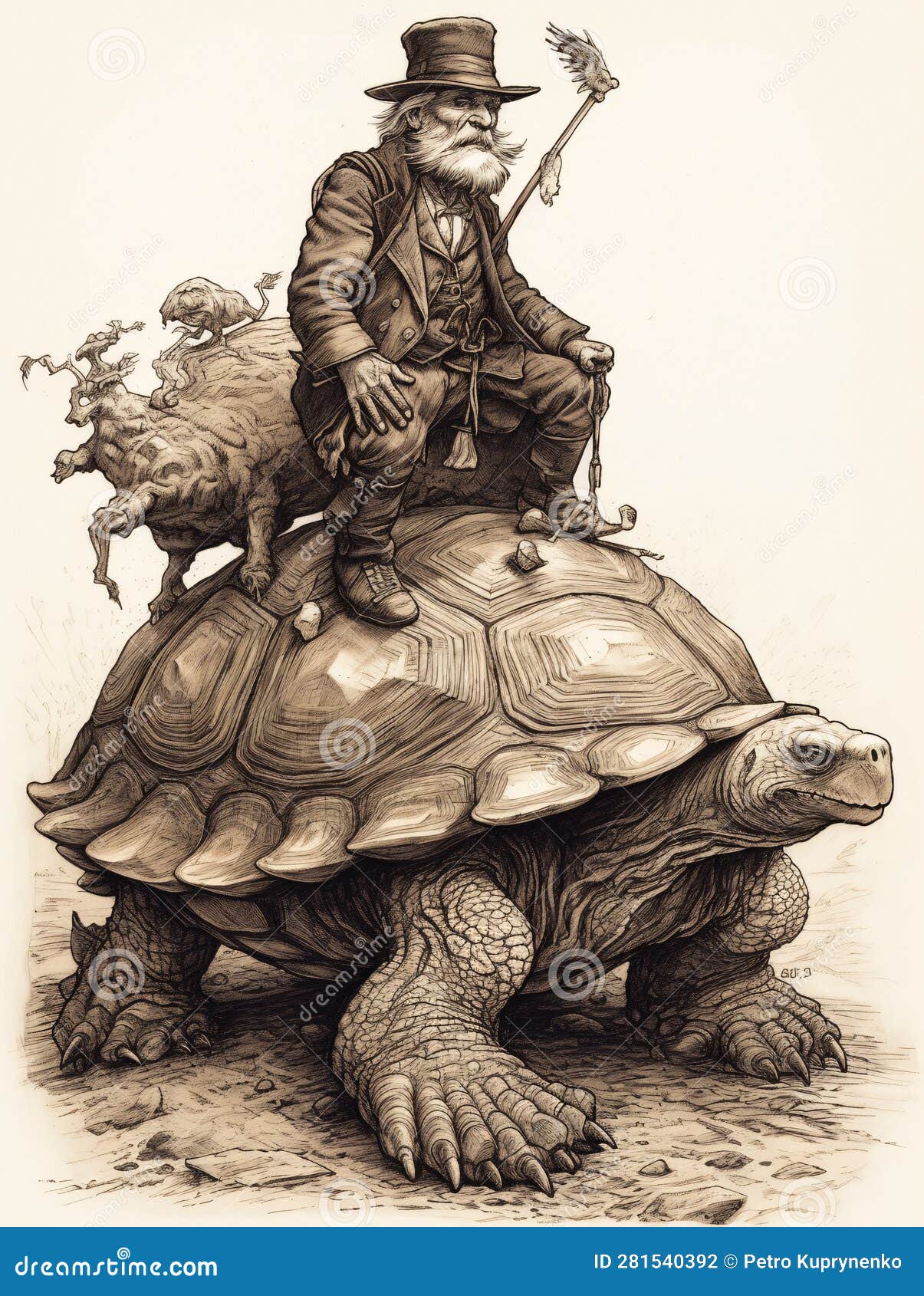Ink Drawing of a Man Riding a Turtle. AI Generated Stock Illustration ...