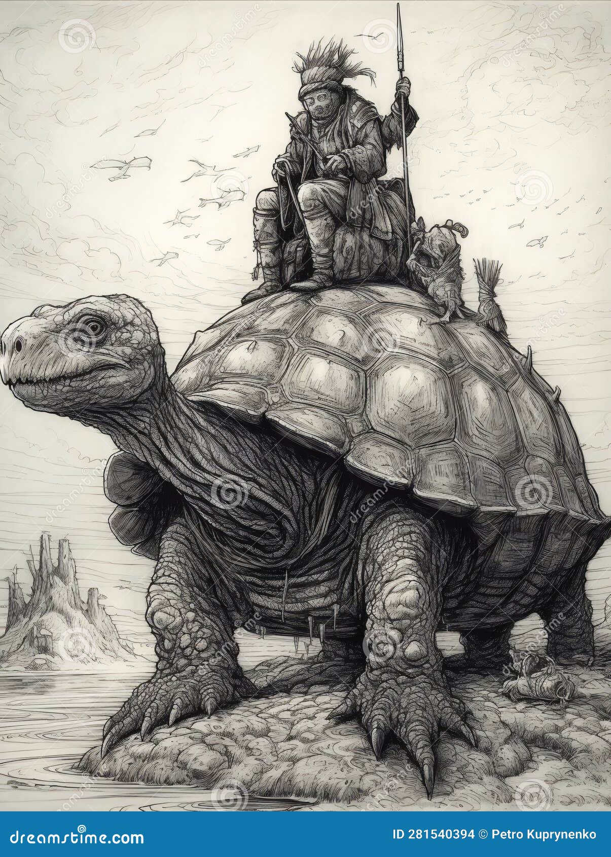 Ink Drawing of a Man Riding a Turtle. AI Generated Stock Illustration ...