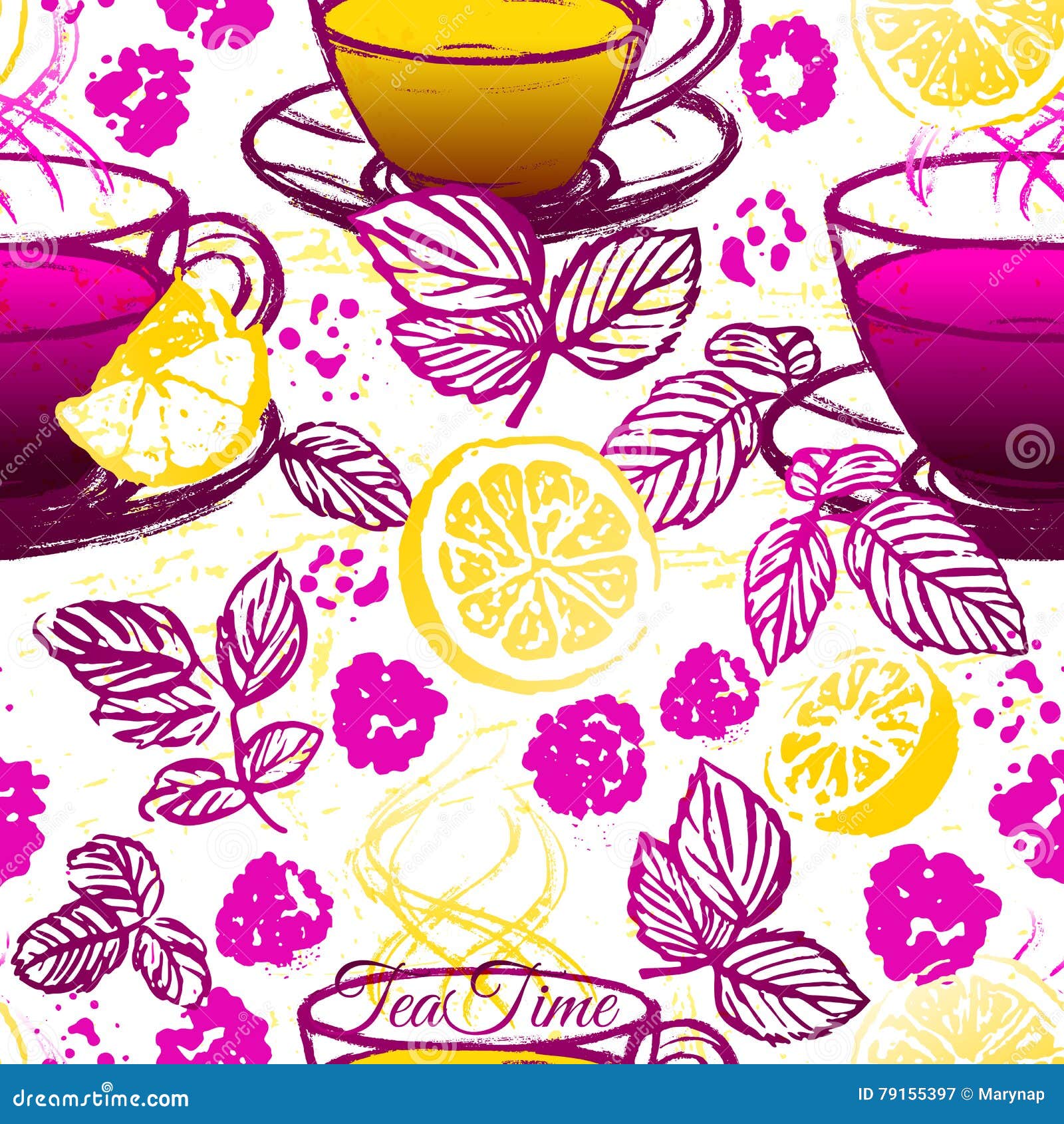 Ink Hand Drawn Cup of Raspberry Tea with Lemon Illustration. Stock ...