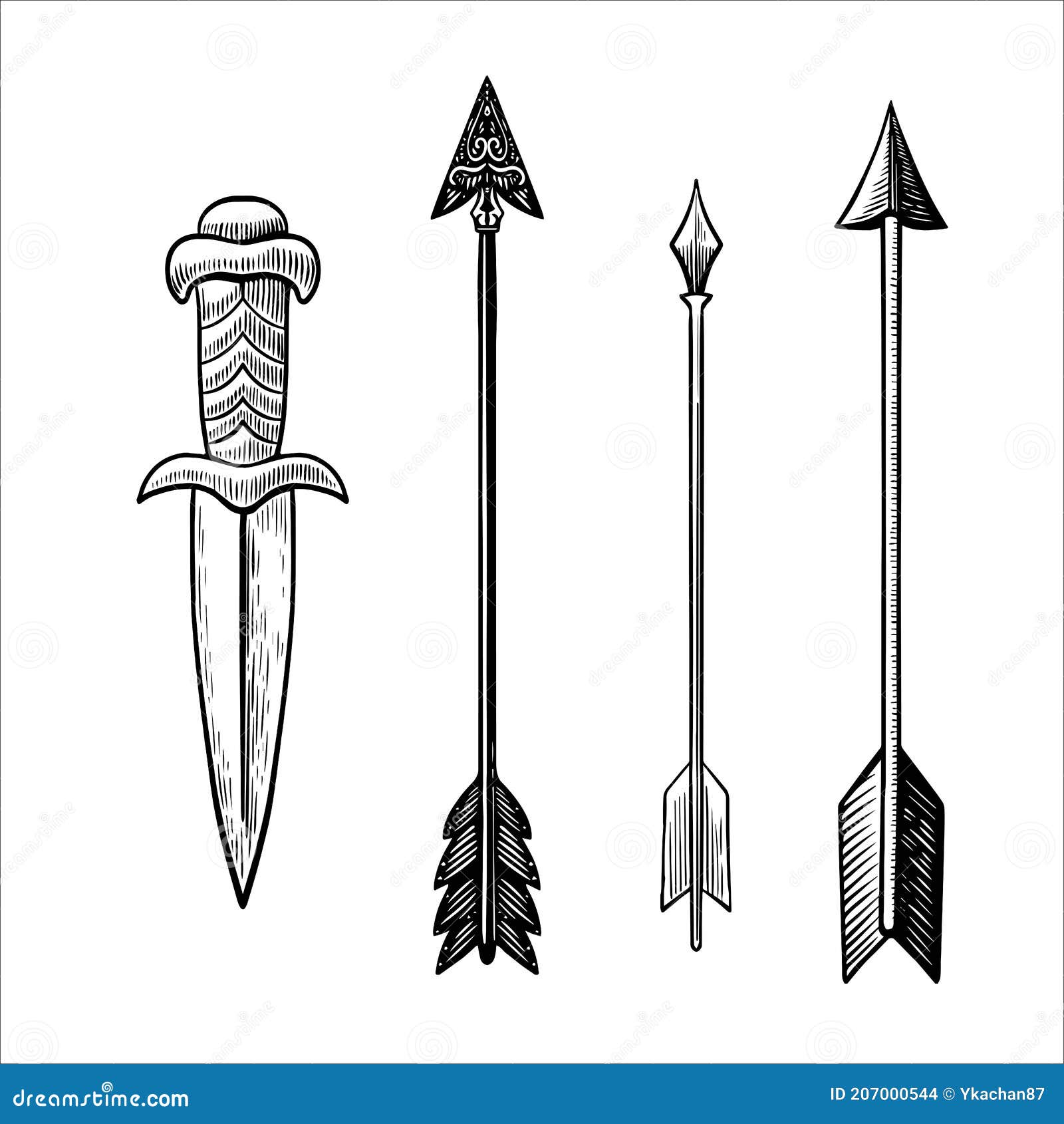 Ink Hand Drawn Set with Dagger and Bow Arrows. Stock Vector ...