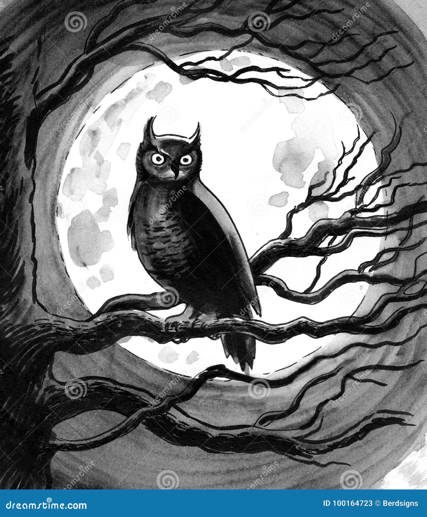 Owl and the moon stock illustration. Illustration of bird - 100164723