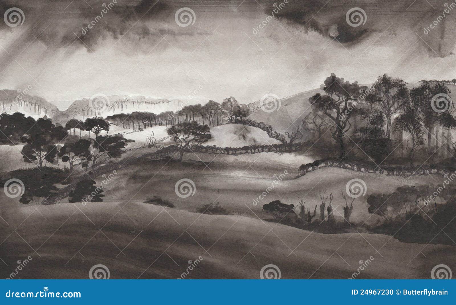 Ink landscape stock illustration. Illustration of spring - 24967230
