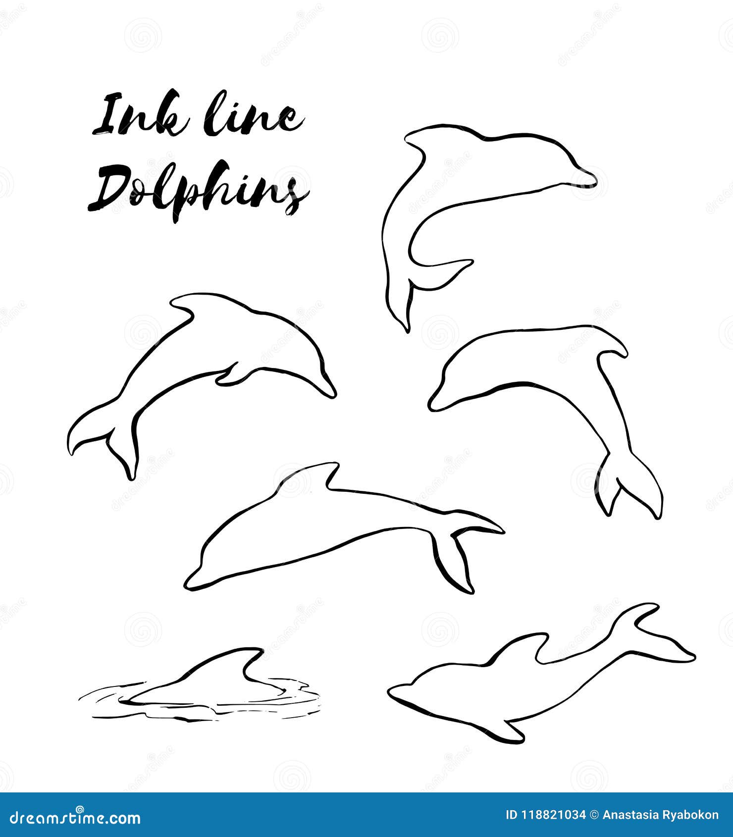 Ink Linear Dolphins Set Vector Illustration Stock Vector - Illustration ...
