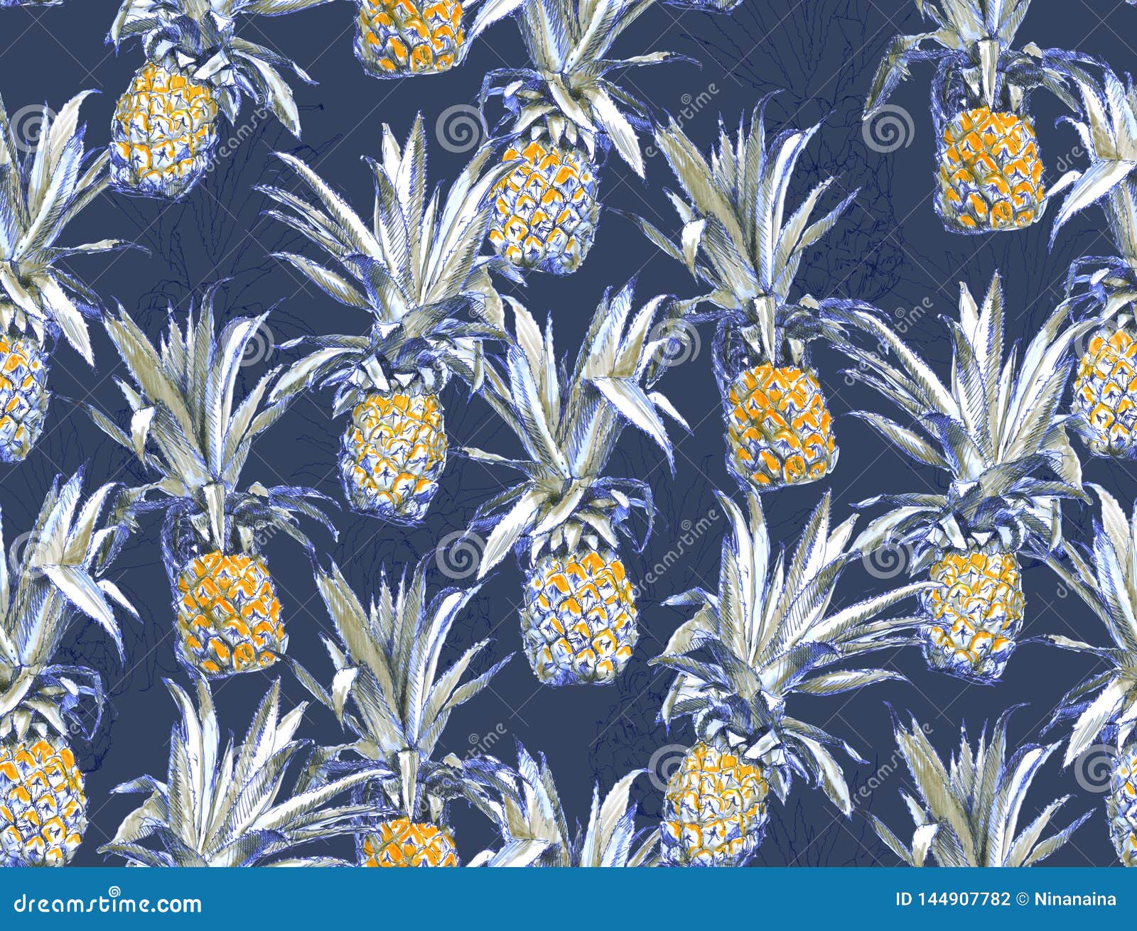 Ink and Marker Pineapple Sketches, Seamless Pattern Stock Illustration ...