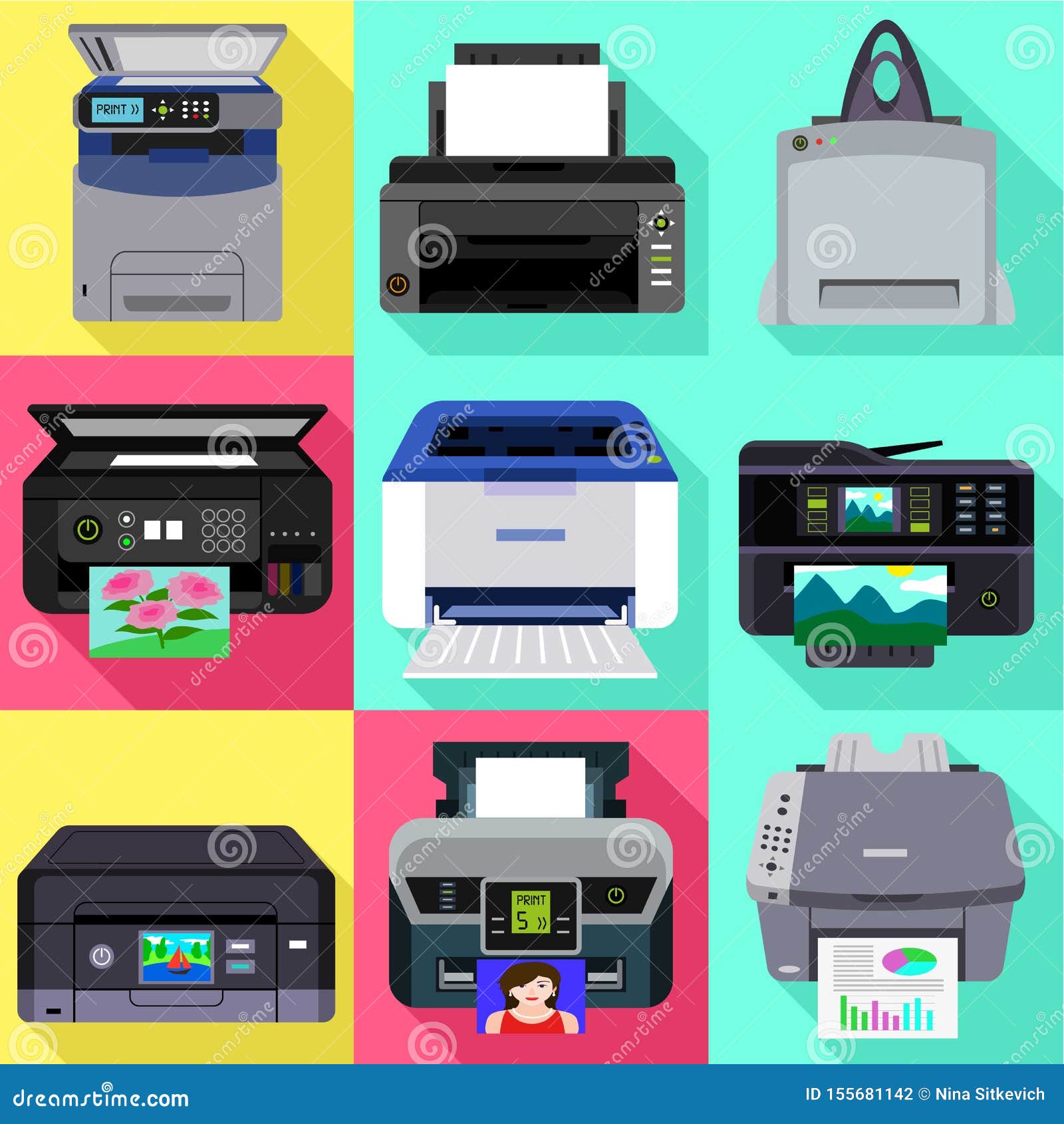 Ink Modern Printer Icon Set, Flat Style Stock Vector - Illustration of ...