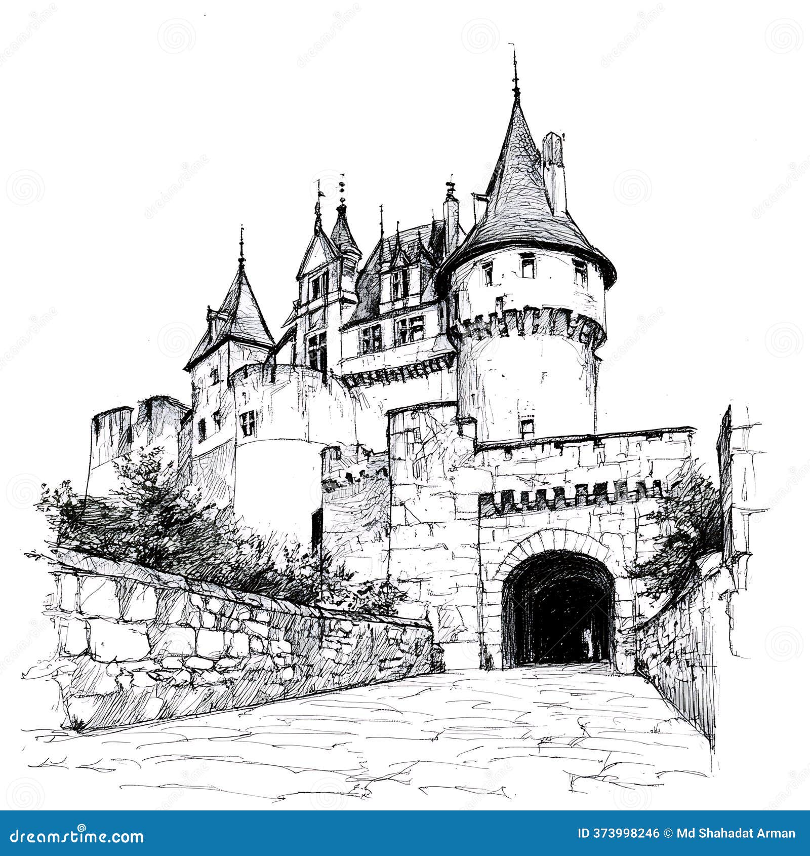 Majestic Medieval Castle On Misty Hill With Drawbridge And Torches ...