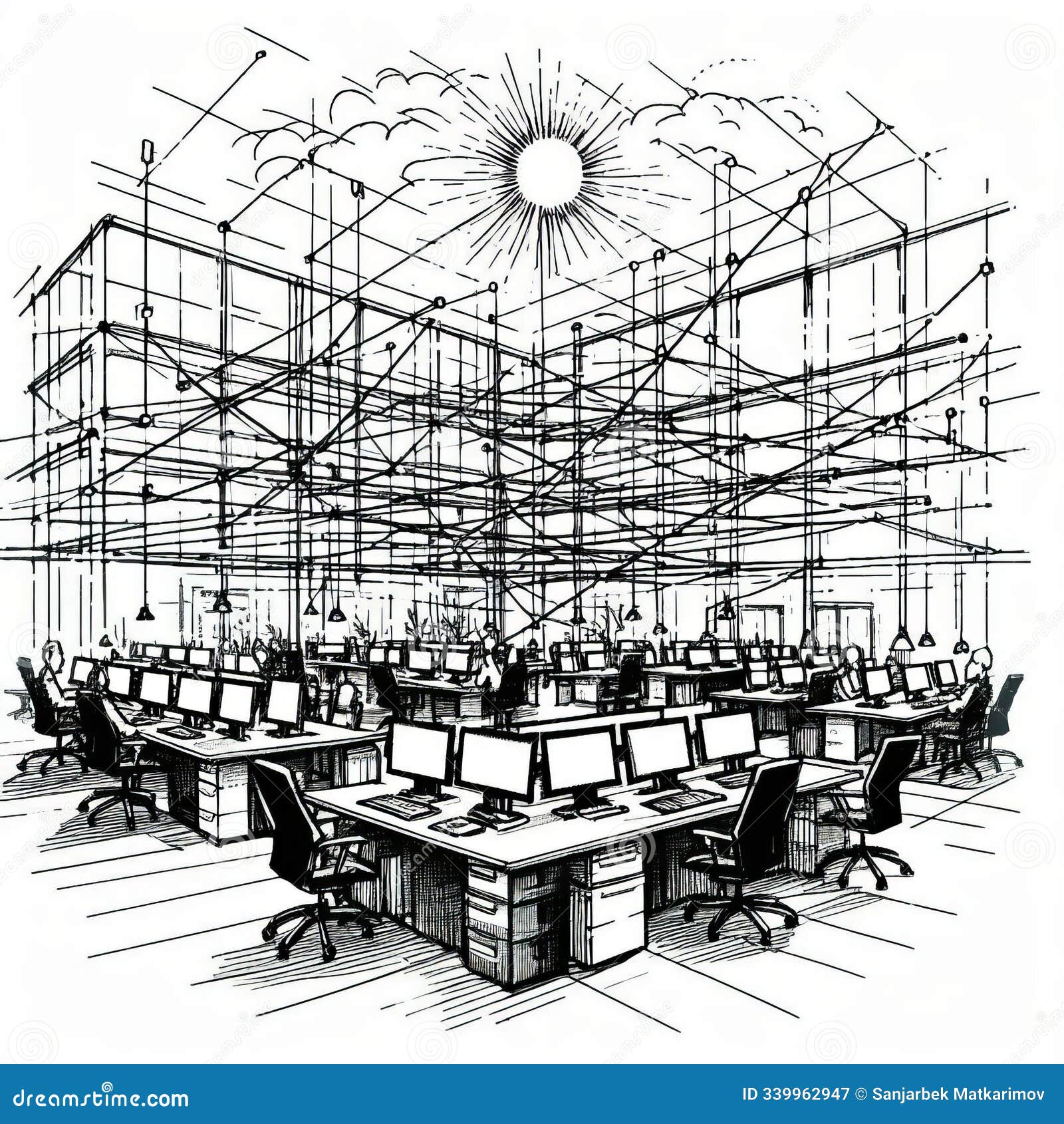 Ink Sketch Rough Hand Drawn Ink Sketches of Office Environments Stock ...