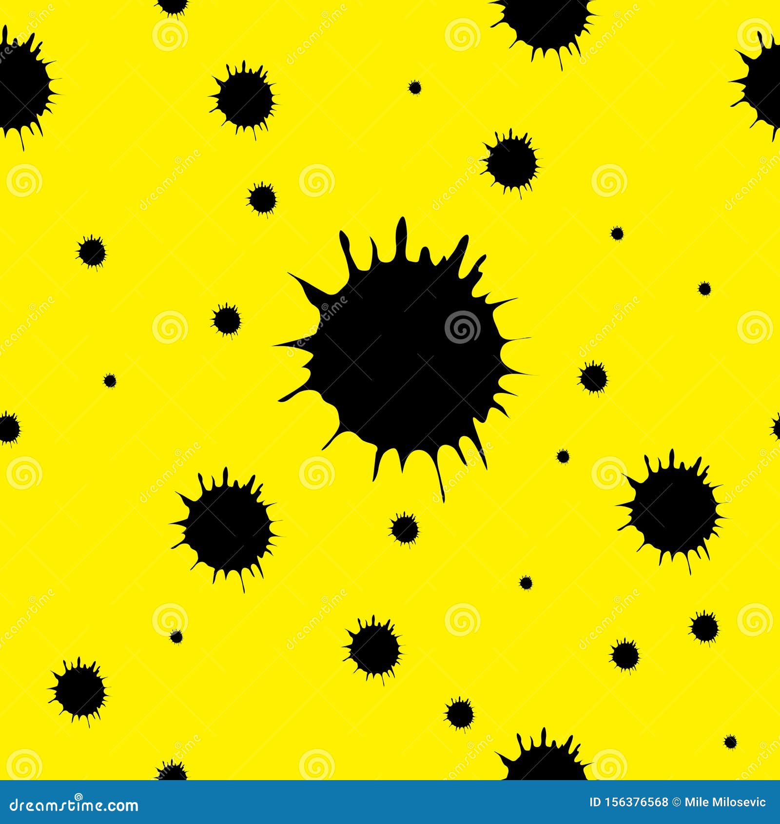 Ink Splash Pattern. Black Ink Splatter on Yellow Background, Vector ...