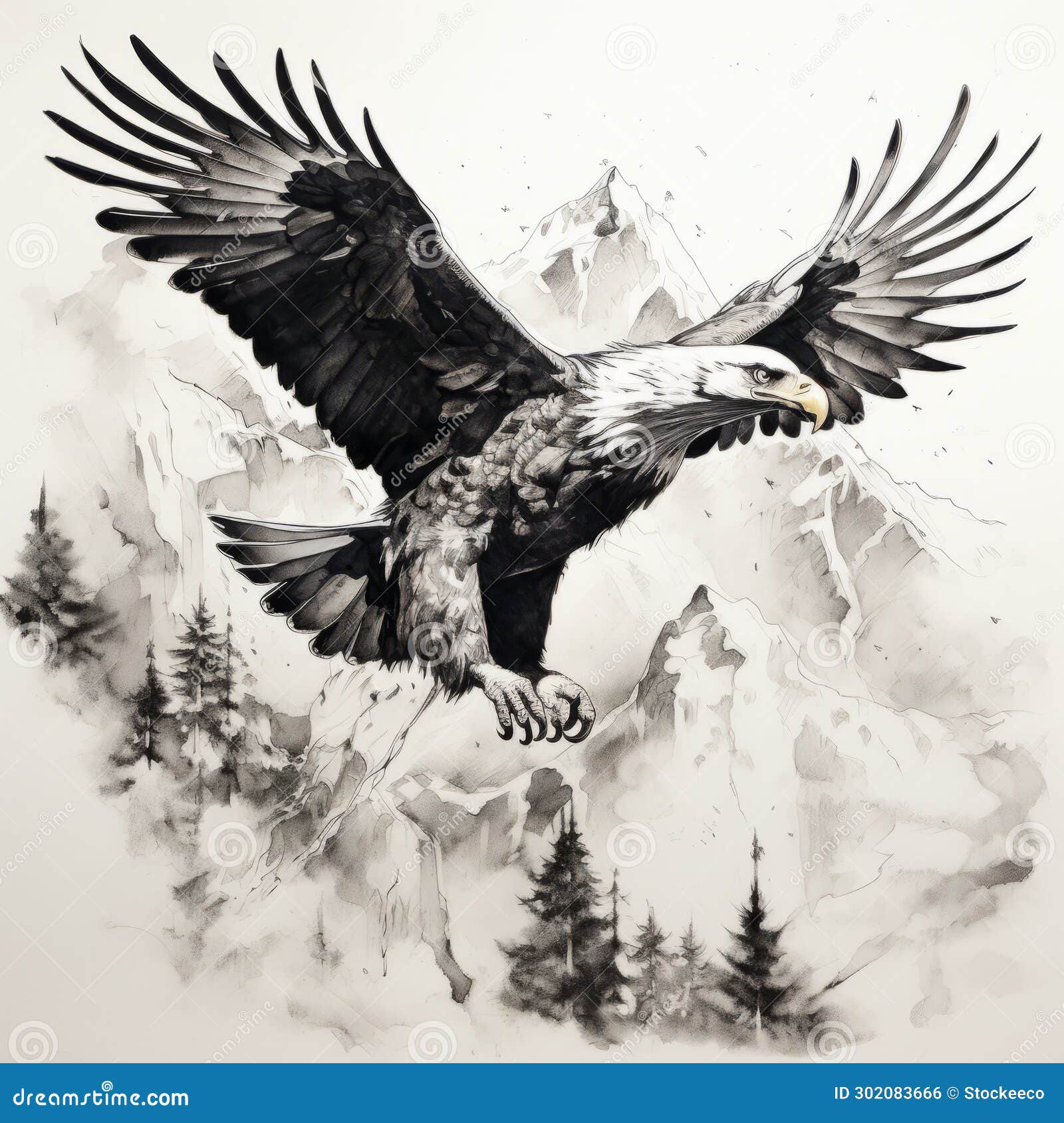 Ink-wash Landscape: Hyper-realistic Eagle Soaring in Majestic Mountain ...