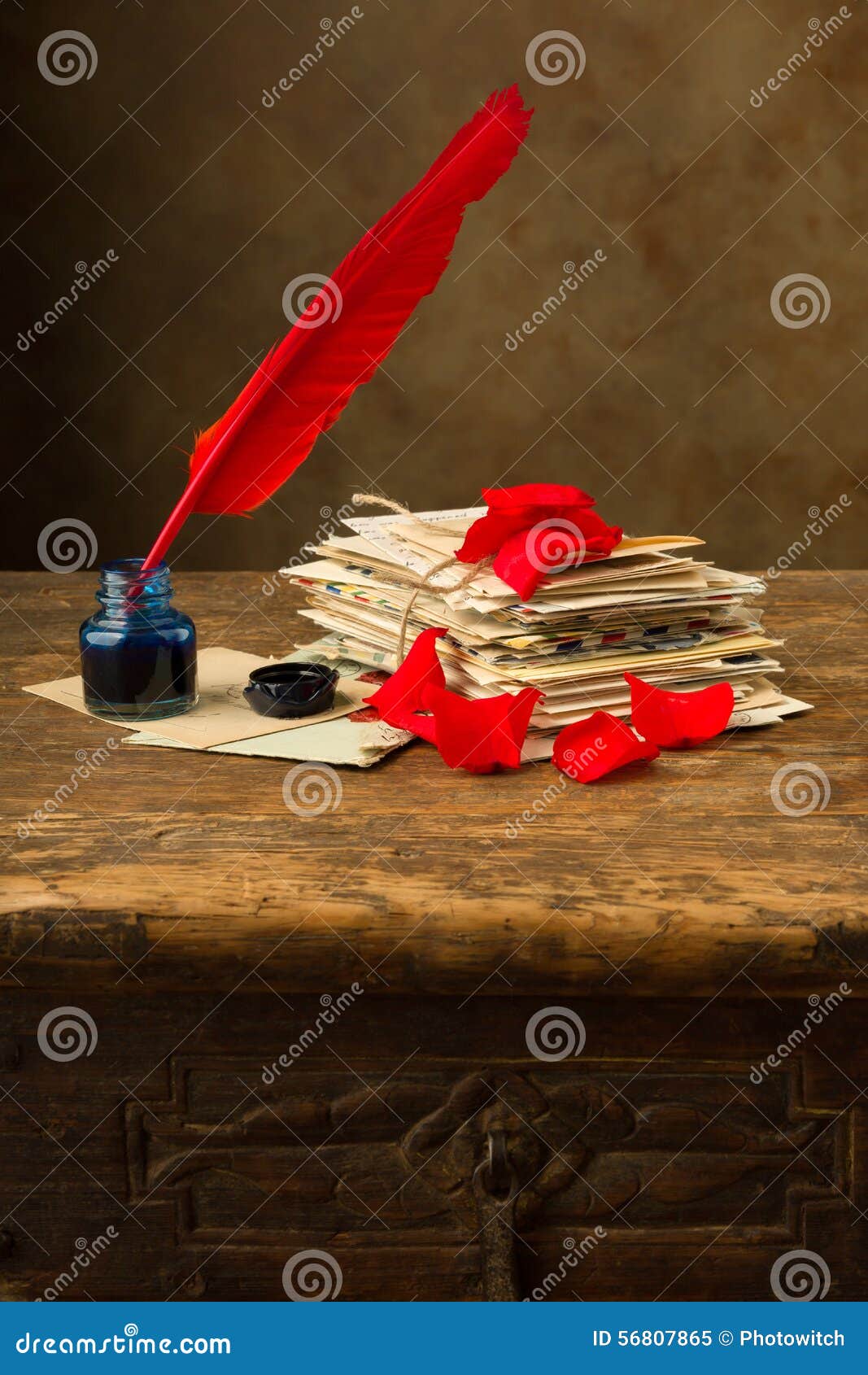 Ink Well and Red Feather Quill Stock Image - Image of quill, rose: 56807865