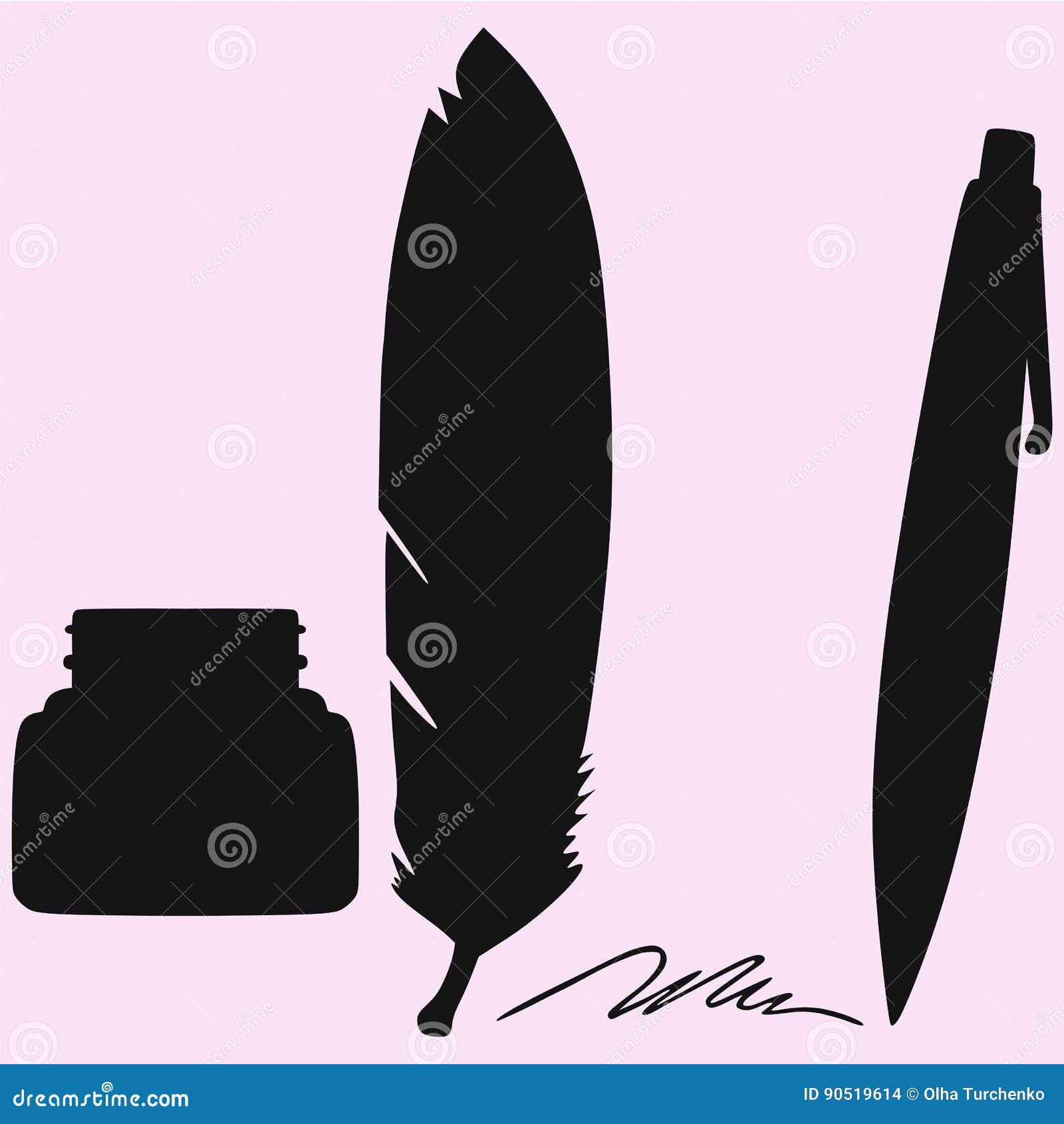 Inkwell And Feather Pen Logo Template. Ink Bottle And Quill Pen Vector ...
