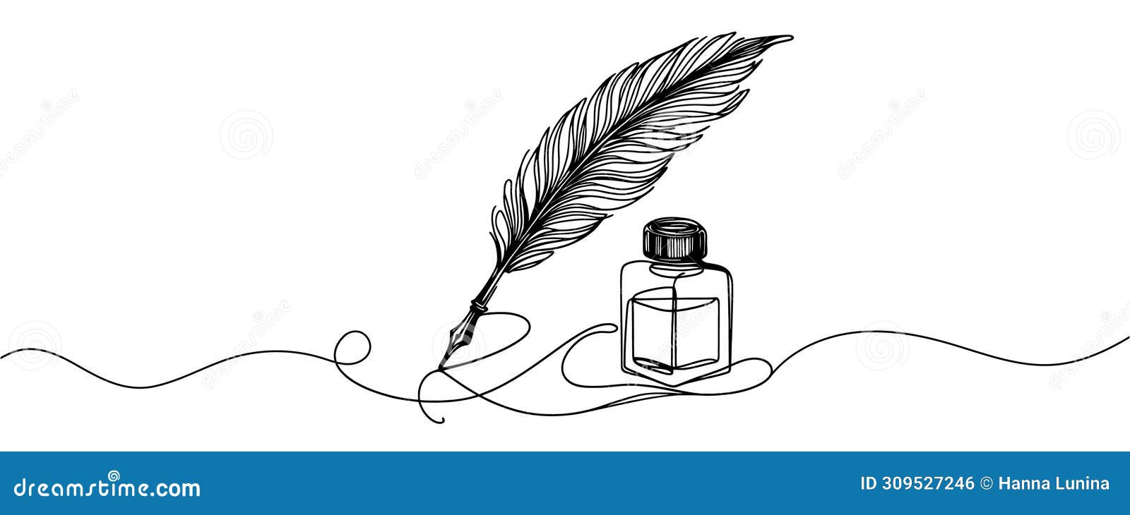 Inkwell and Pen Continuous Line Drawing. One Line Feather with Ink ...