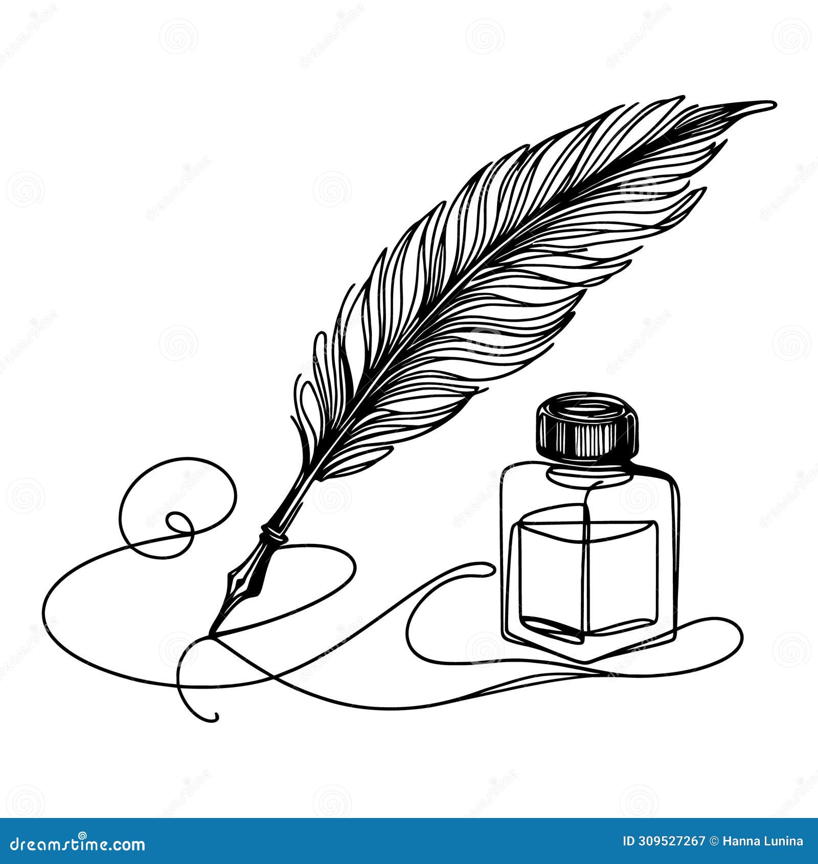 Inkwell and Pen Continuous Line Drawing. One Line Feather with Ink ...
