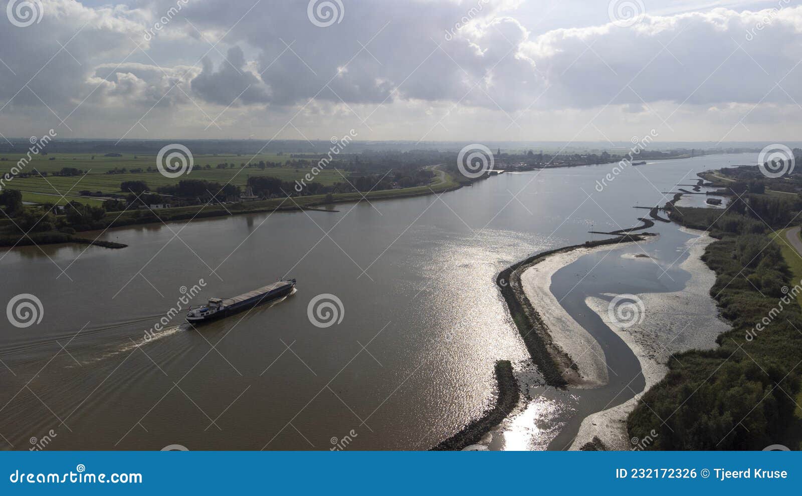 Inland Container Vessel on River Lek Aerial View, the Netherlands Stock ...