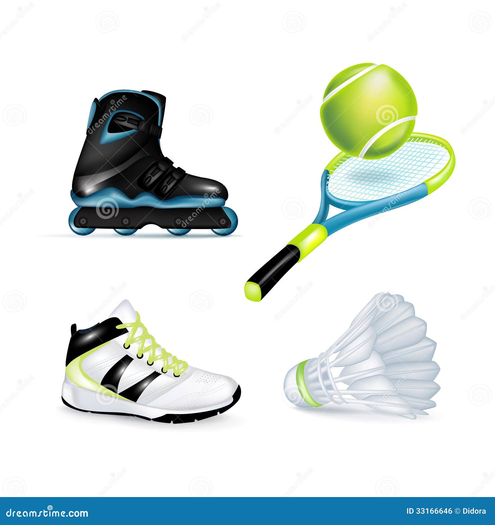 Inline Skate, Sport Shoe and Tennis Racket Stock Vector - Illustration ...