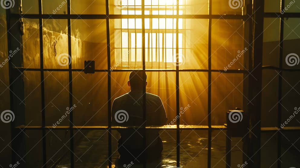 Inmate Silhouette with Sun Rays through Cell Bars Stock Photo - Image ...