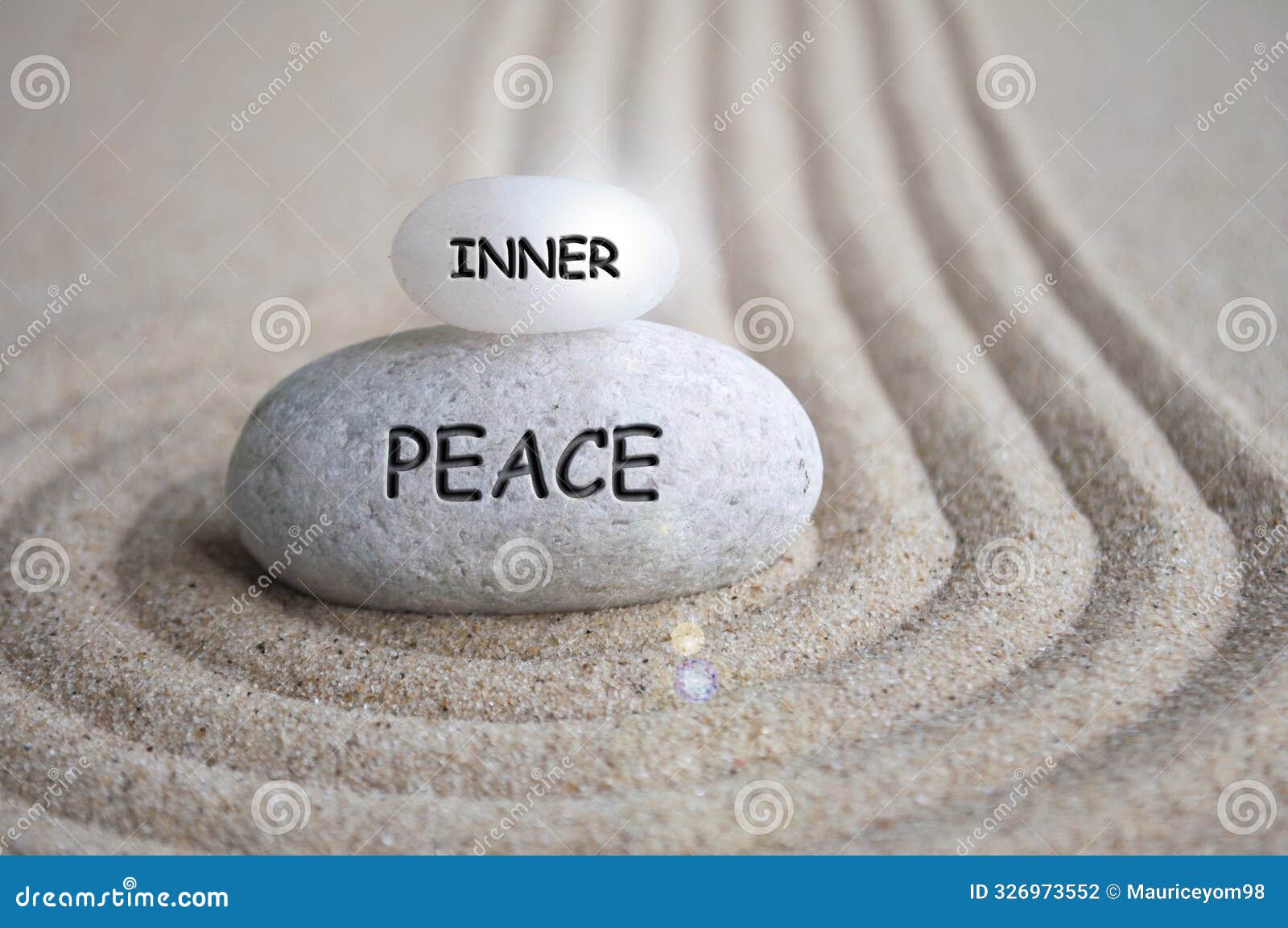 Inner Peace Text Engraved on Zen Stone on Sand with Shining. Inner ...