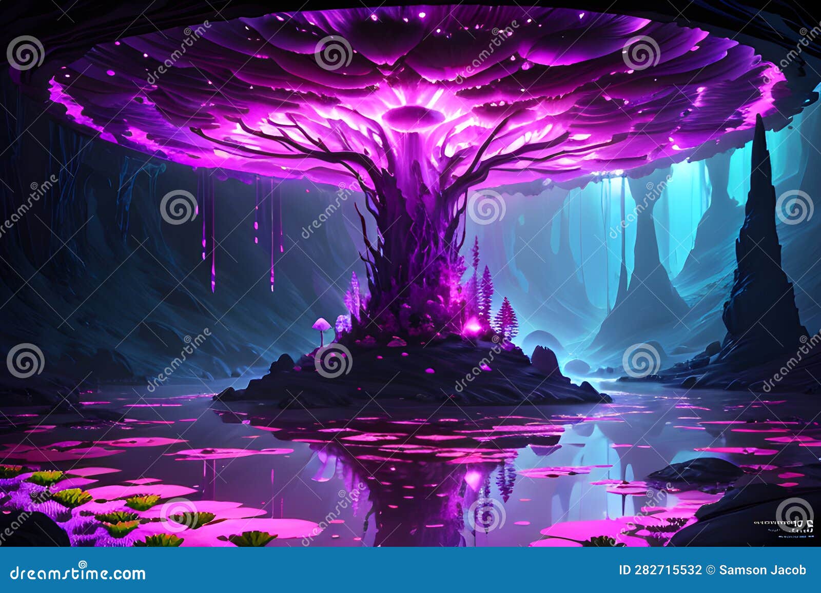 Inner Section Of An Alien Cave With Lush Vegetation Generated By Ai Stock Illustration