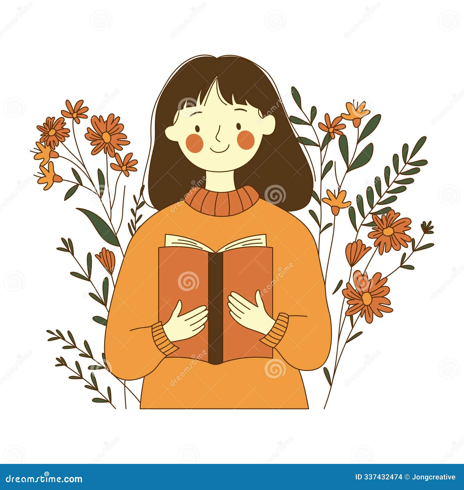 Innocent Nerd Girl Character Reading A Book With Flower Floral