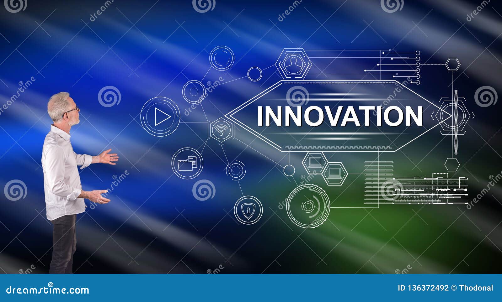 An Innovation Concept Explained by a Businessman on a Wall Screen Stock ...