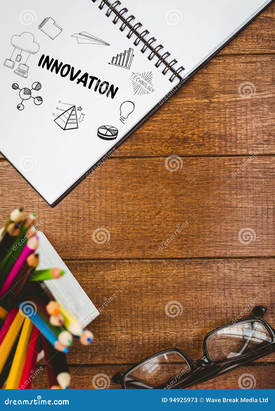 Innovation Doodle on Notepad Next To Pencils and Glasses Stock Image ...