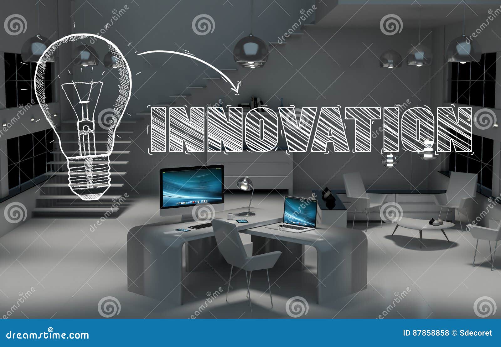 Innovation Hand Drawn Concept in Office 3D Rendering Stock Illustration ...