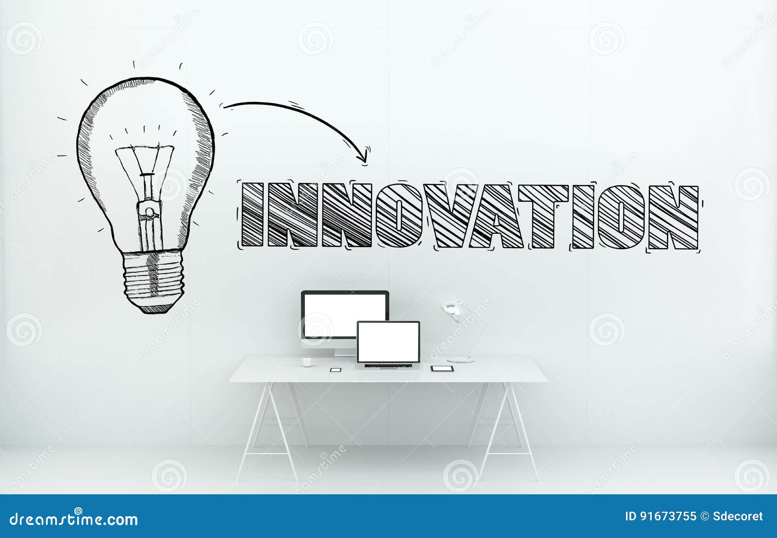 Innovation Hand Drawn Concept in Office 3D Rendering Stock Illustration ...