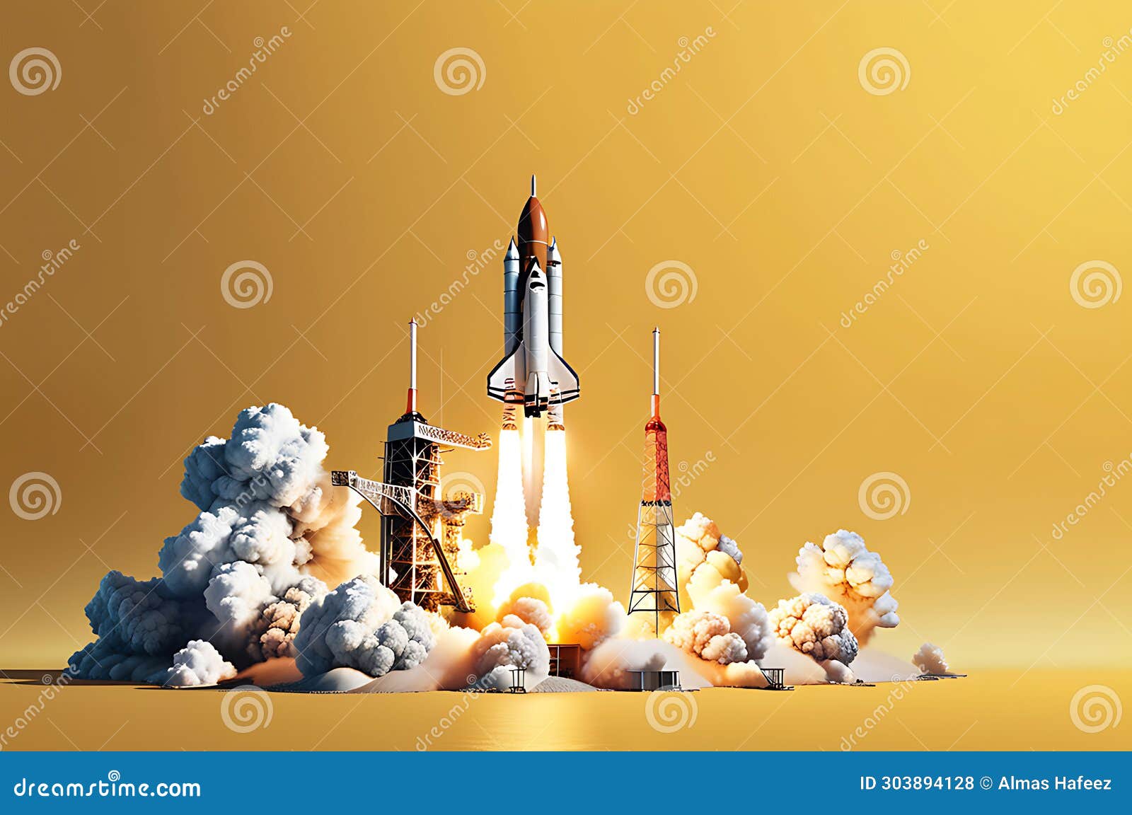 Innovation Ignition: Rocket Launch Isolated on Yellow Background â ...