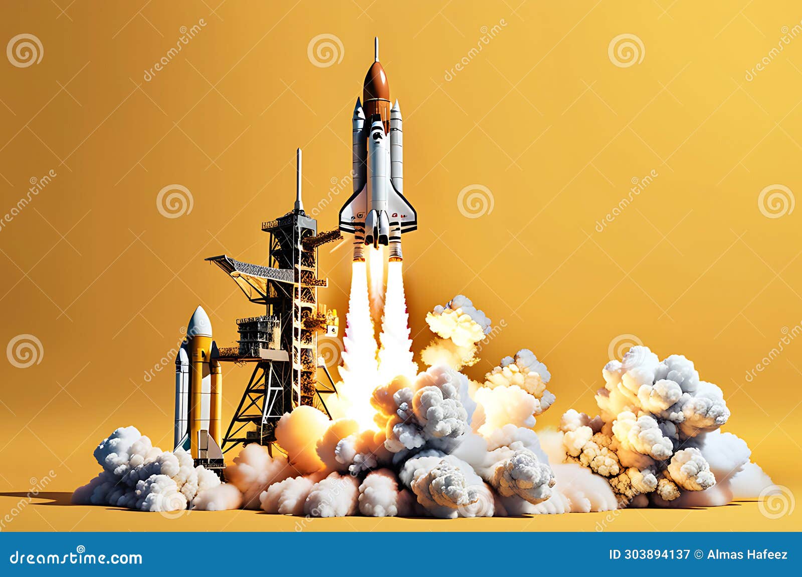 Innovation Ignition: Rocket Launch Isolated on Yellow Background â ...