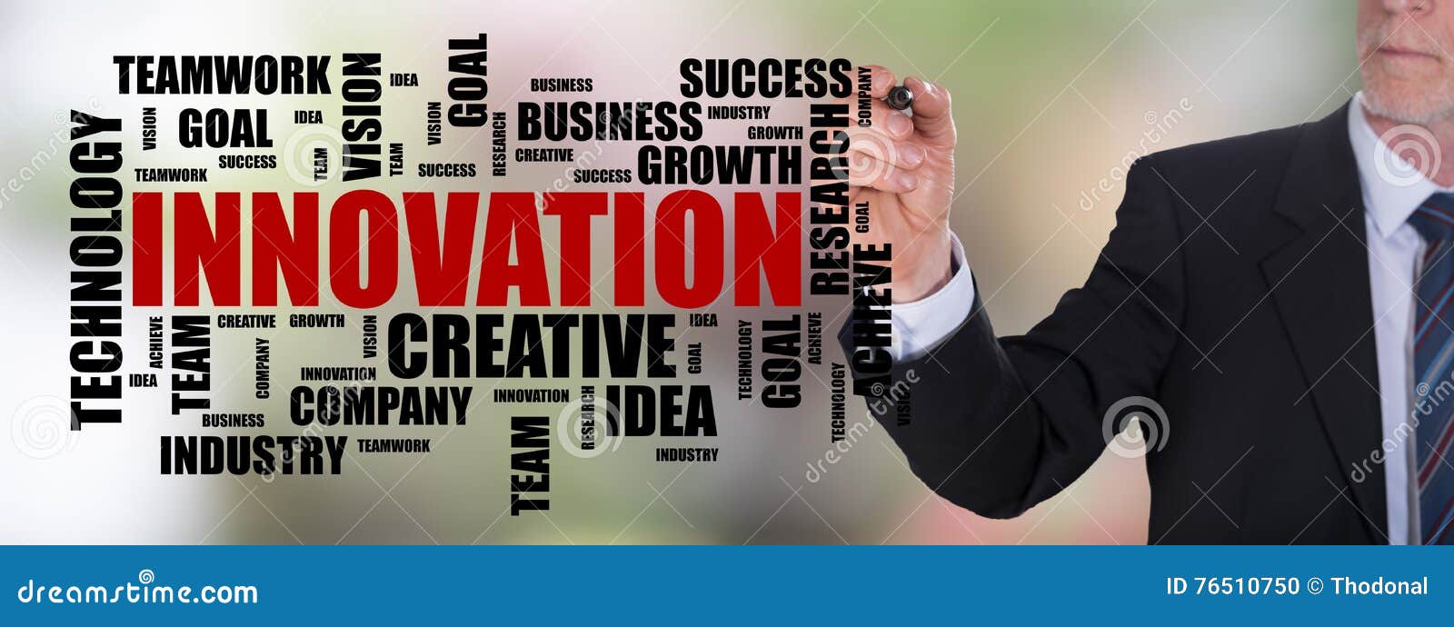 Innovation Word Cloud Concept Drawn by a Businessman Stock Photo ...