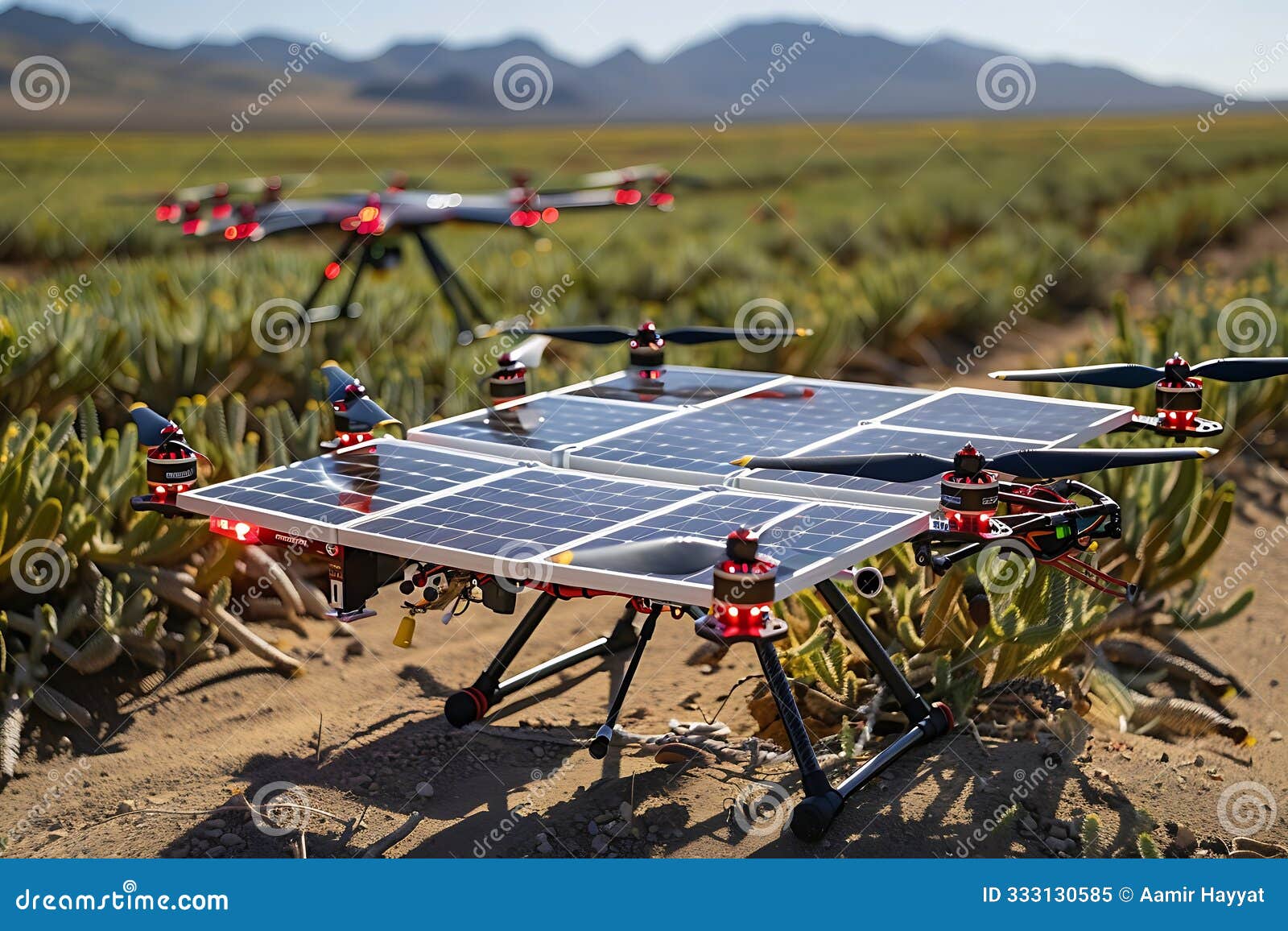 High-Tech Solar System Frame and Drone Over Farming Lands Stock ...