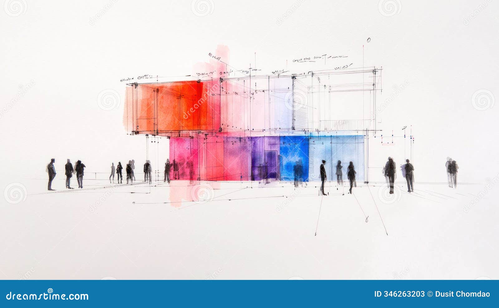 Innovative Architectural Design Sketch with Colorful Layers and Figures ...