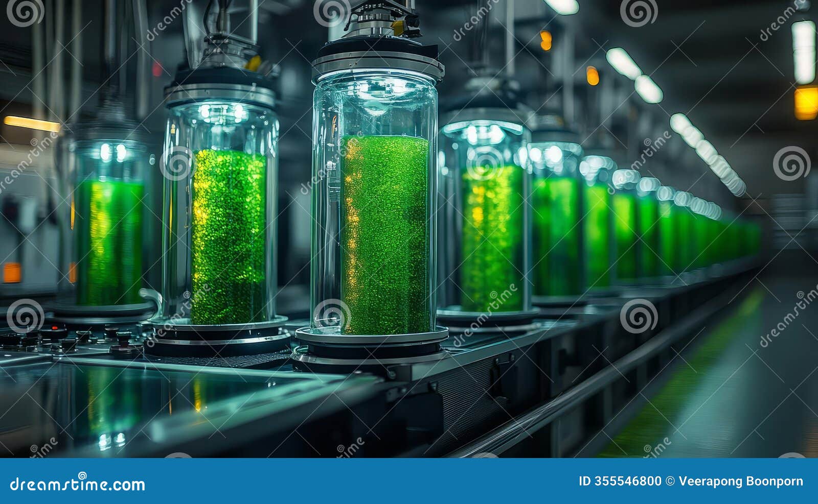 Innovative Bioreactor System with Glowing Green Algae Bottles in a ...