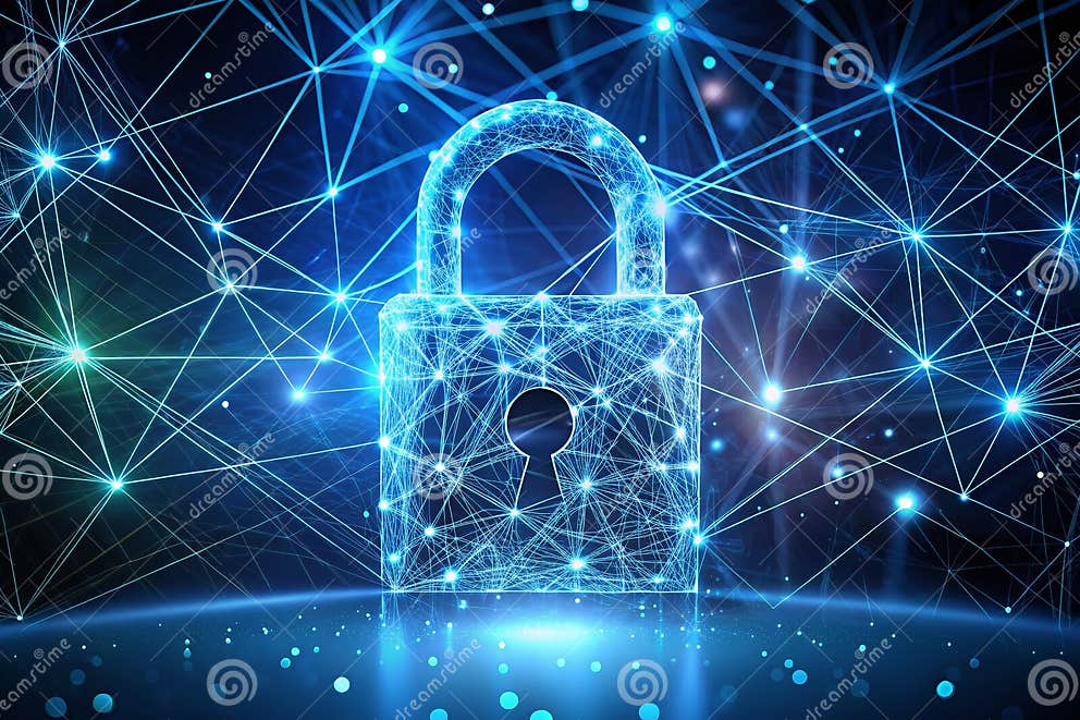 Innovative Cyber Security Concept a Long Exposure Padlock Network Lines and Dots Visualize ...