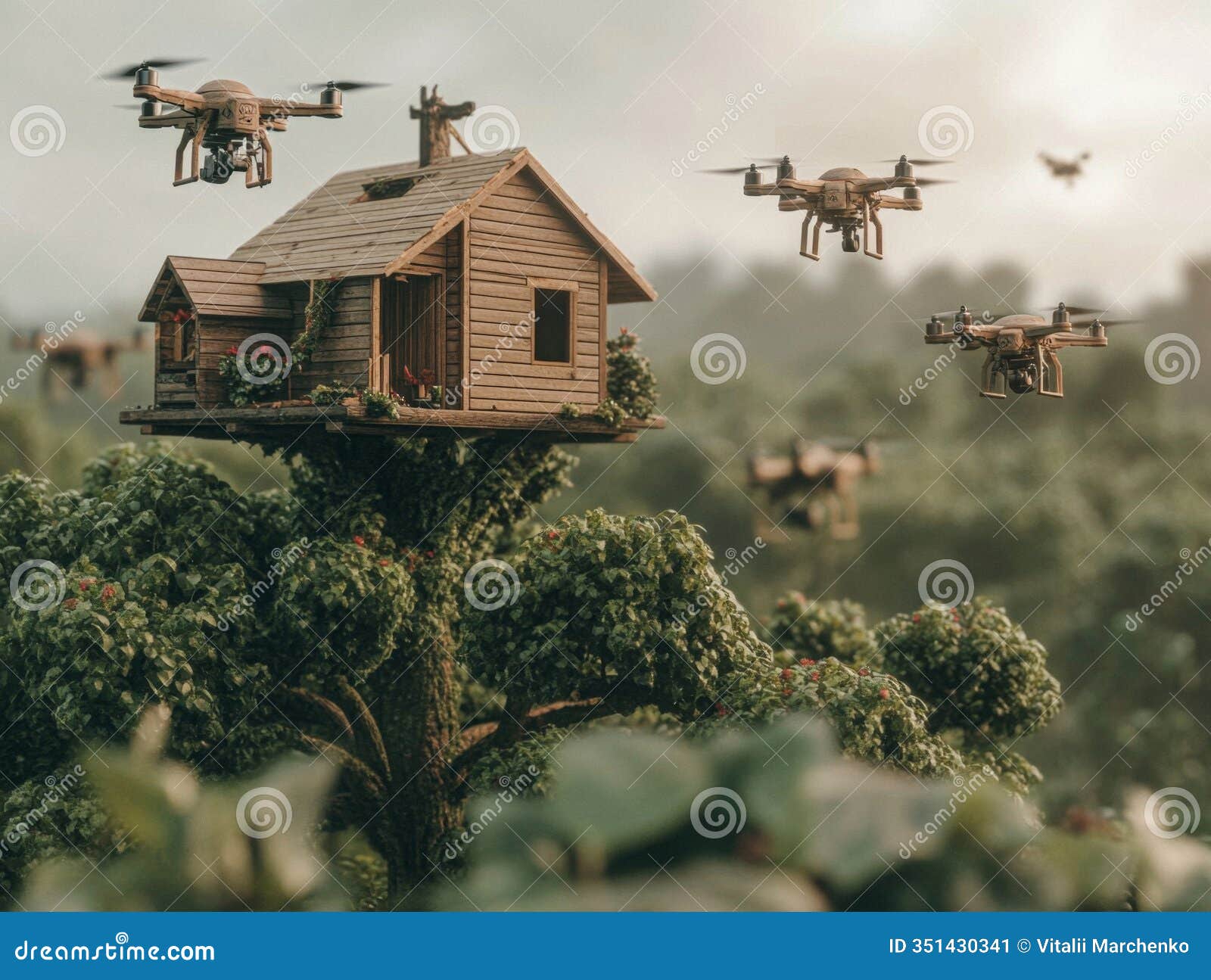 Innovative Drone Surveillance of Treehouse in Lush Forest Environment ...