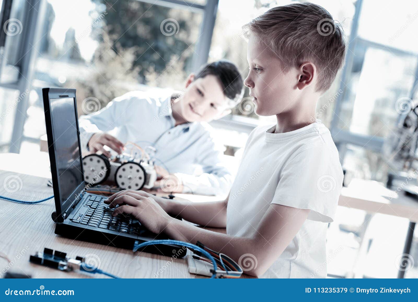 Intelligent Schoolchildren Working on Laptop after Constructing Robot ...