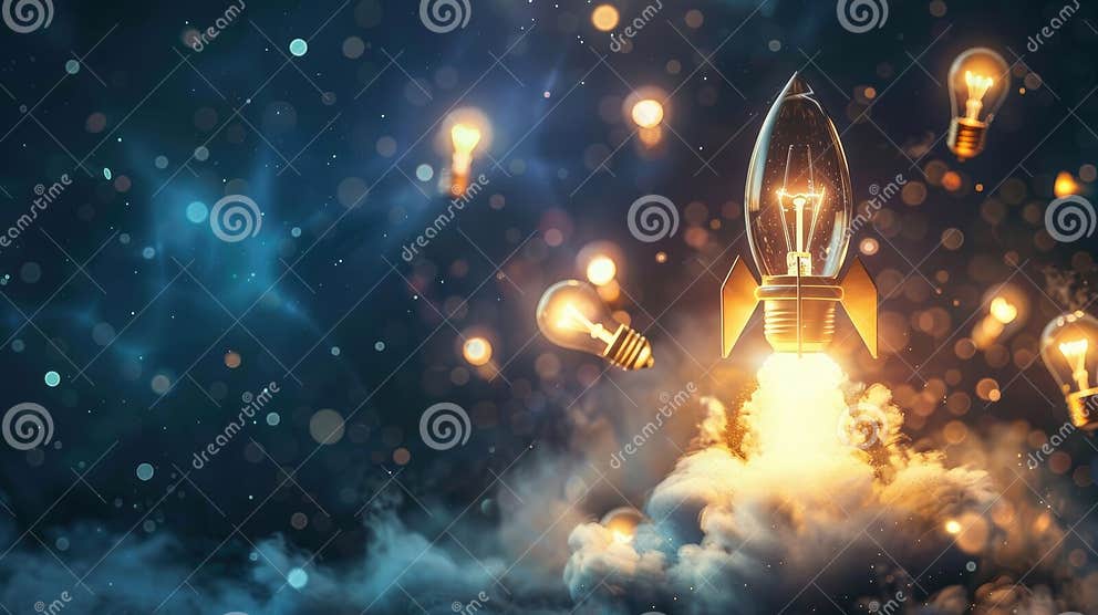 Innovative Ideas Launch: Light Bulb Rocket Symbolizing Creativity and ...