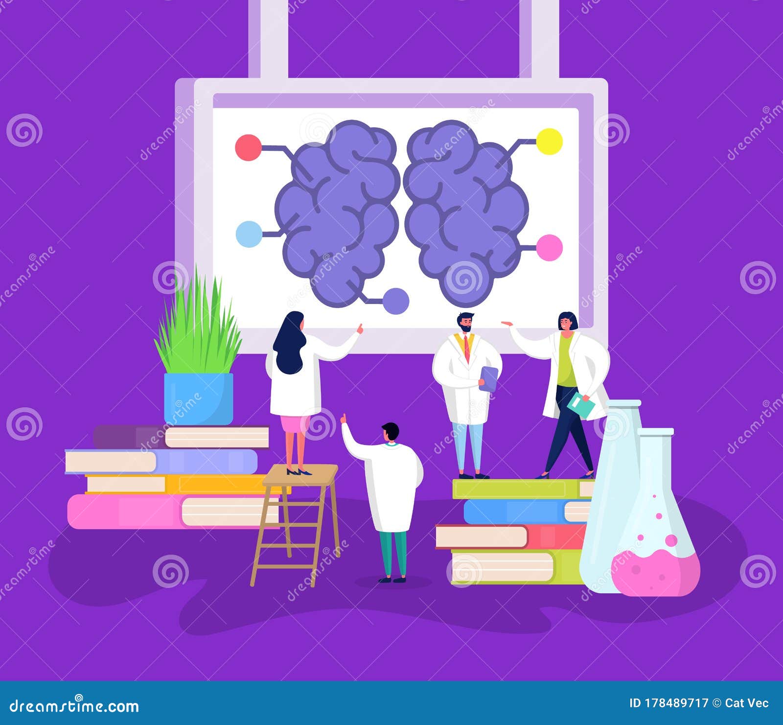 Innovative Lab People Study Human Brain Vector Illustration, Cartoon ...