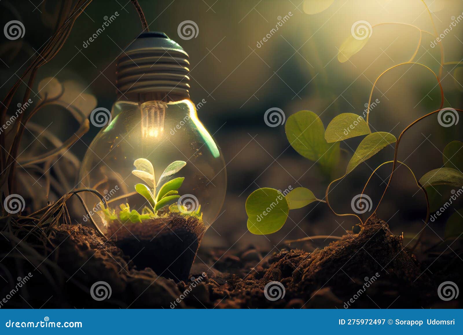 An Innovative Light Bulb Glowing in Soil Signifies Stock Illustration ...