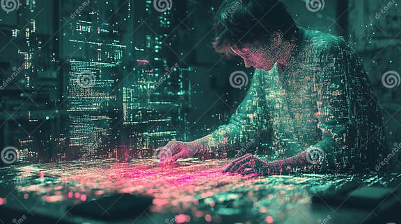 Innovative Programmer Creating Digital Data Visualizations In A Futuristic Workspace During Late