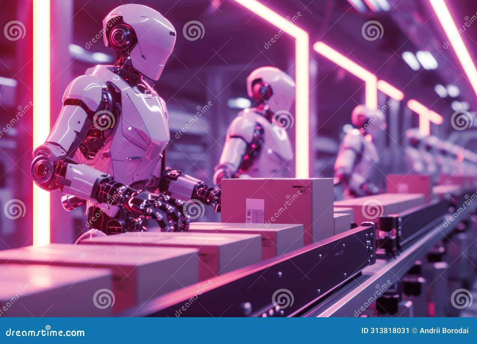 Innovative Robotics: Sorting Conveyor in Red and Violet Tones. Stock ...