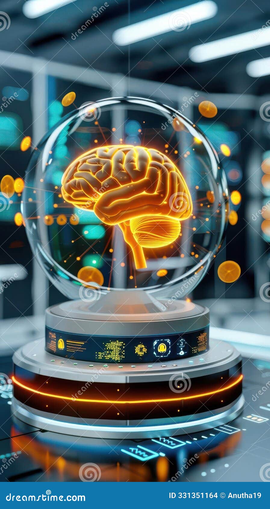 Innovative Science Scene Showcasing a Glowing Brain Hologram in a High ...